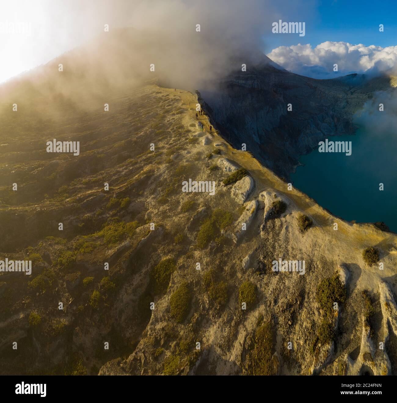 Aerial view of beautiful Ijen volcano with acid lake and sulfur gas ...