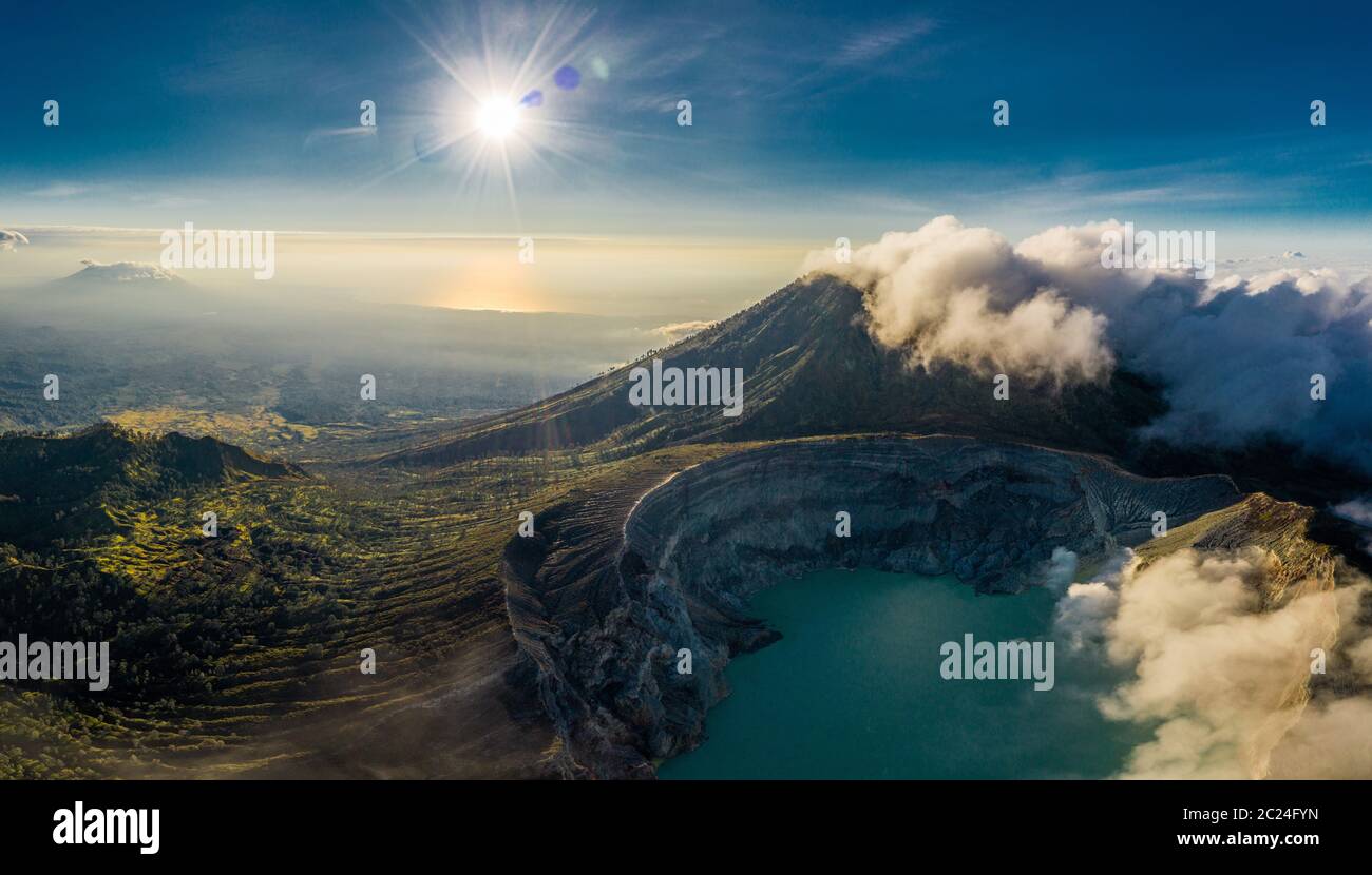 Aerial view of beautiful Ijen volcano with acid lake and sulfur gas ...