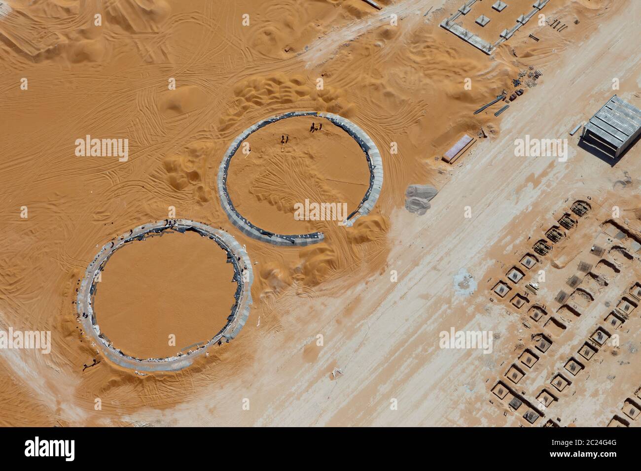 Foundations for oil tanks under construction seen from the air at a new ...