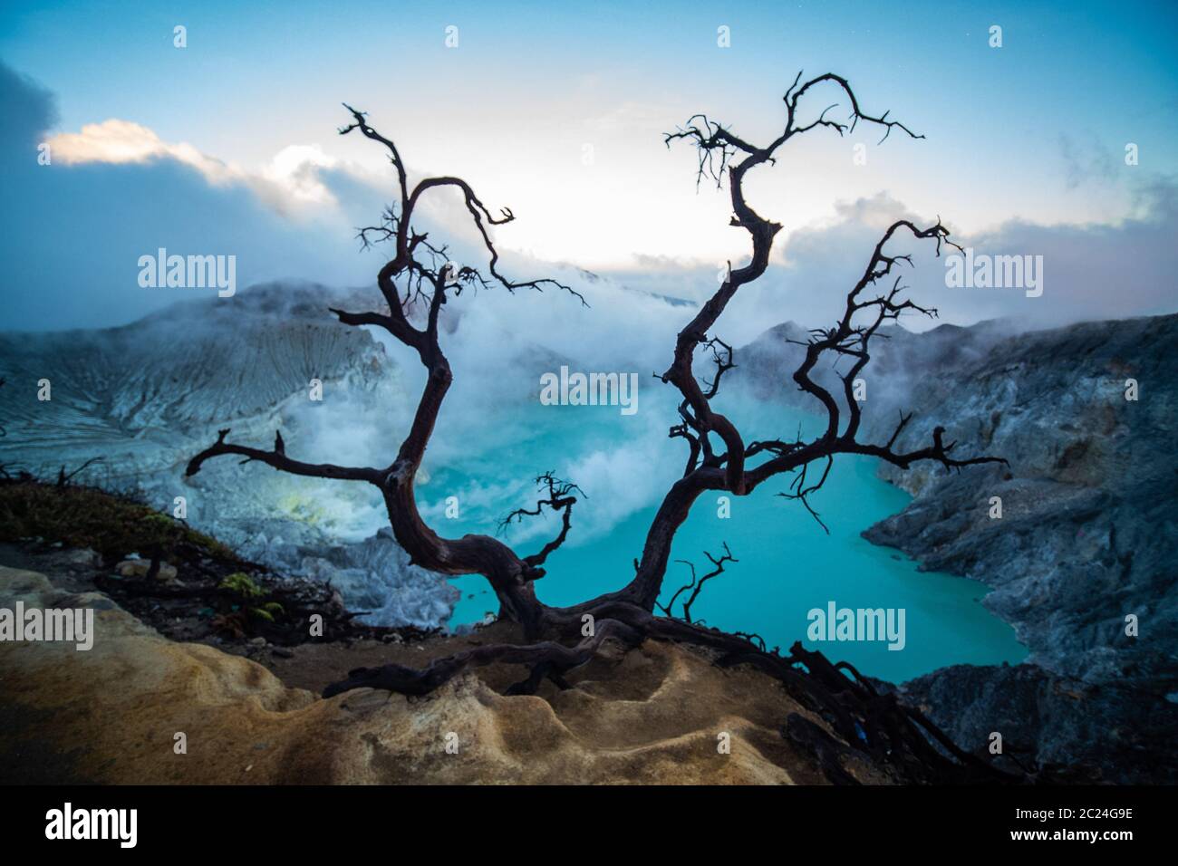 Aerial view of beautiful Ijen volcano with acid lake and sulfur gas ...