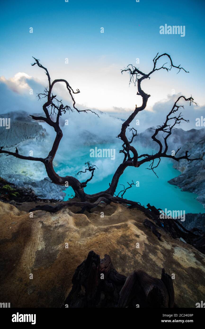 Aerial view of beautiful Ijen volcano with acid lake and sulfur gas ...