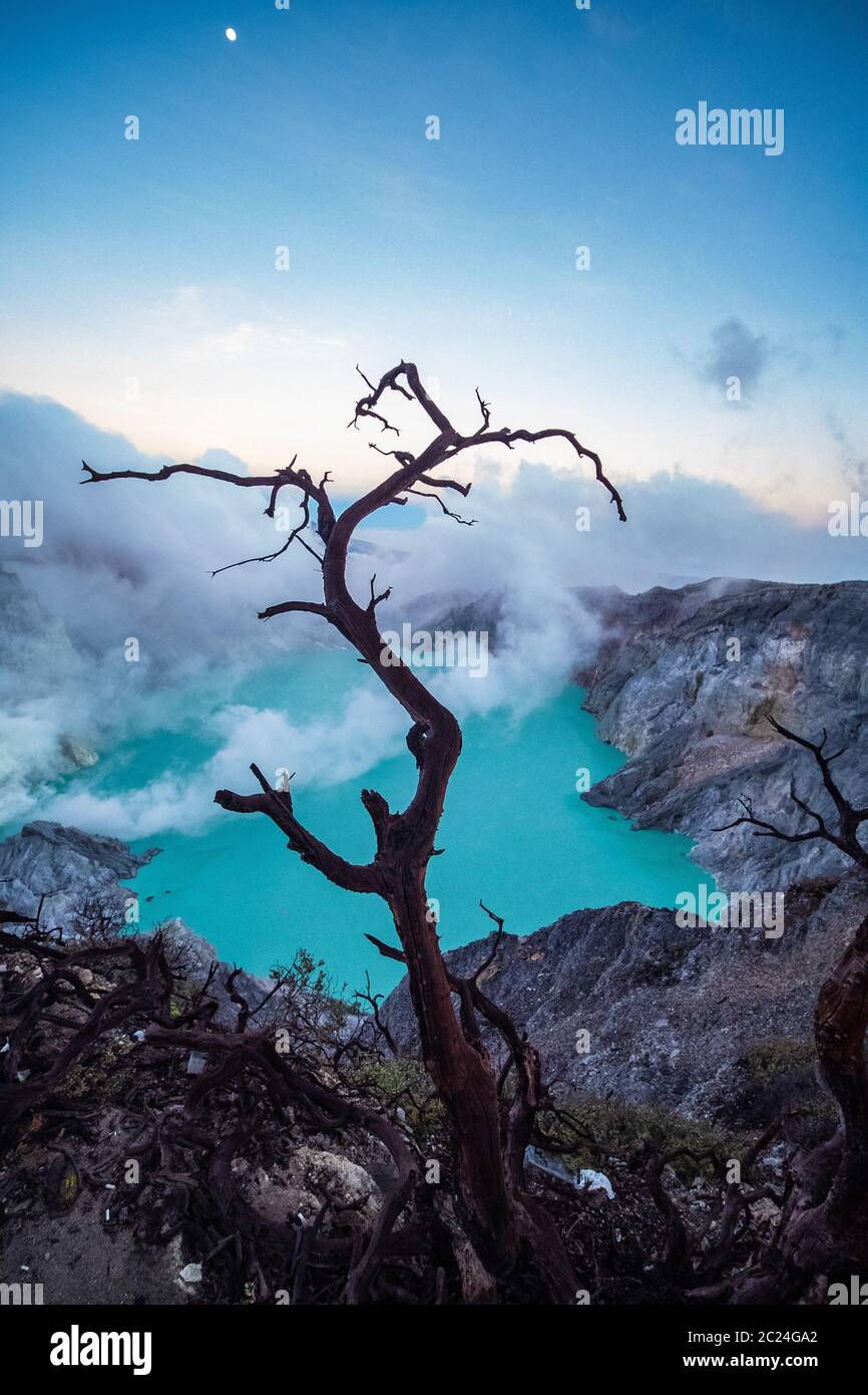 Aerial view of beautiful Ijen volcano with acid lake and sulfur gas ...