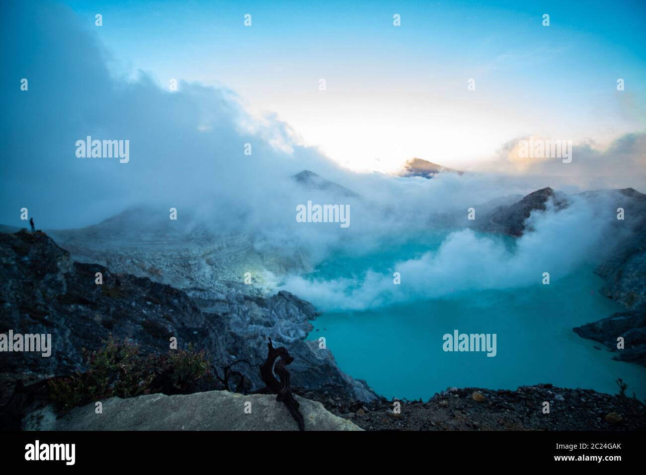 Aerial view of beautiful Ijen volcano with acid lake and sulfur gas ...