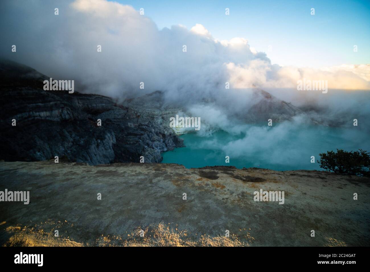 Aerial view of beautiful Ijen volcano with acid lake and sulfur gas ...