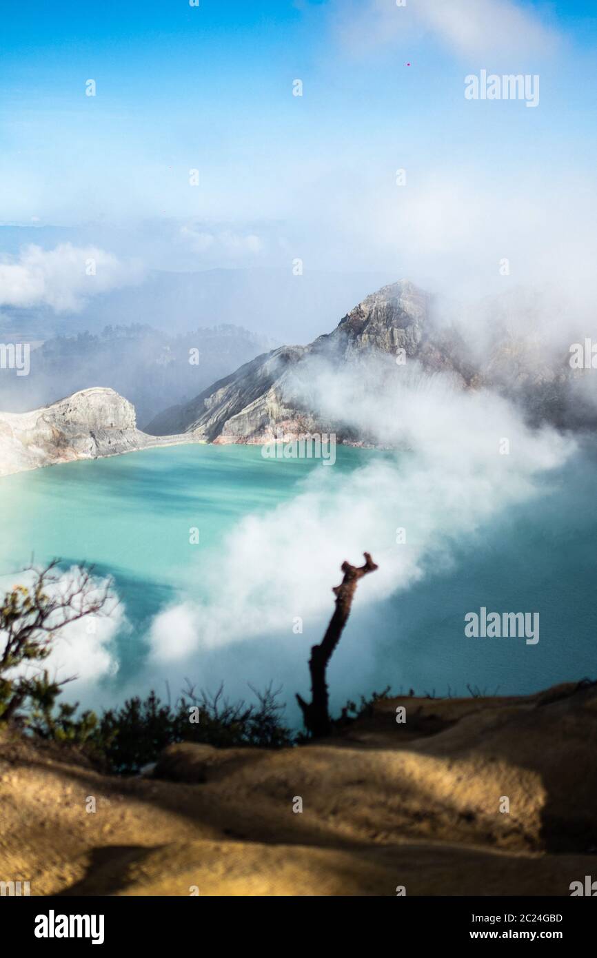 Aerial view of beautiful Ijen volcano with acid lake and sulfur gas ...