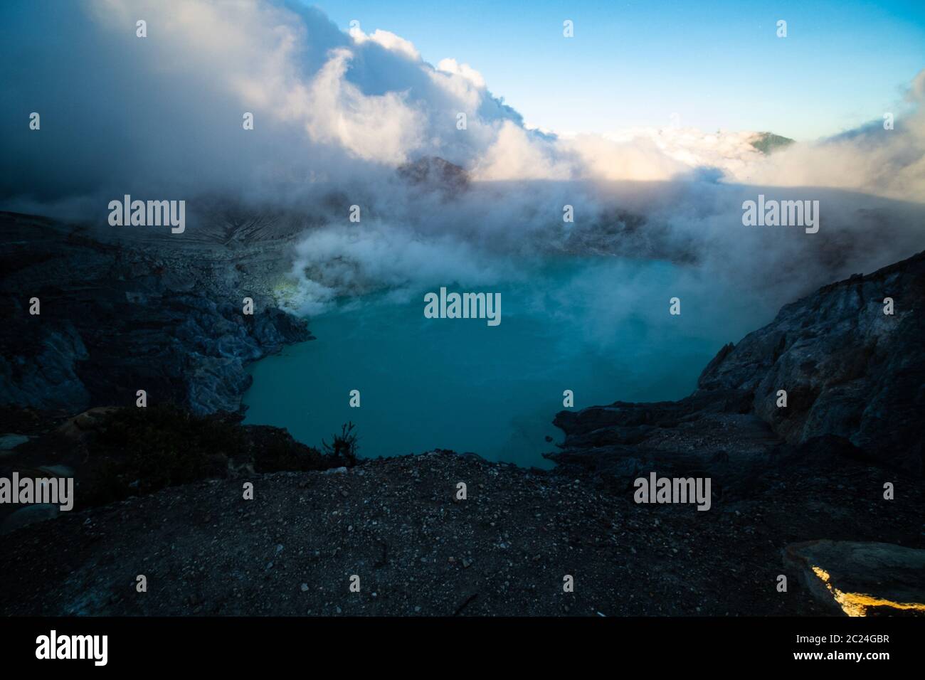 Aerial view of beautiful Ijen volcano with acid lake and sulfur gas ...