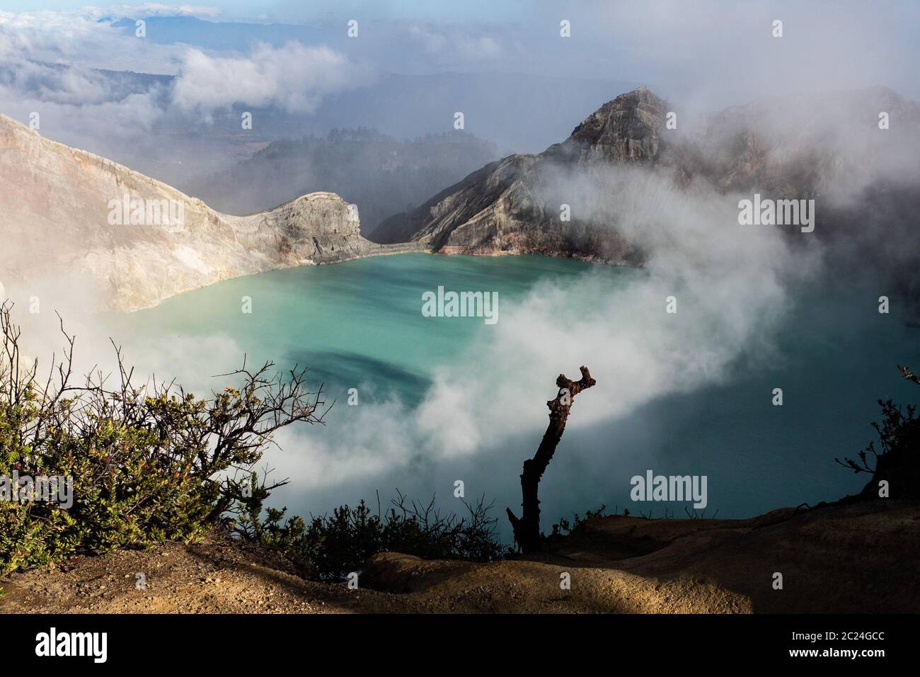 Aerial view of beautiful Ijen volcano with acid lake and sulfur gas ...