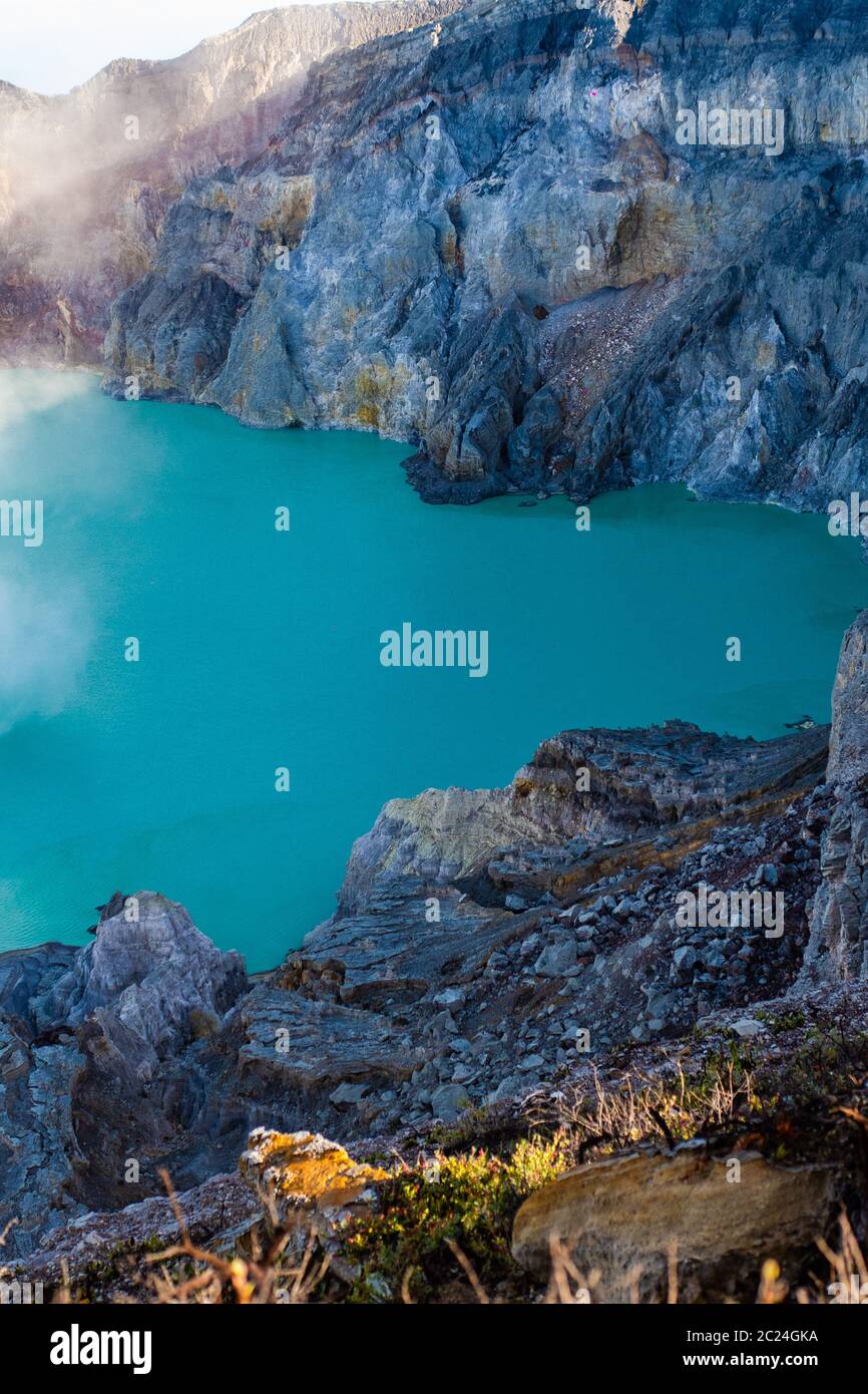 Aerial view of beautiful Ijen volcano with acid lake and sulfur gas ...