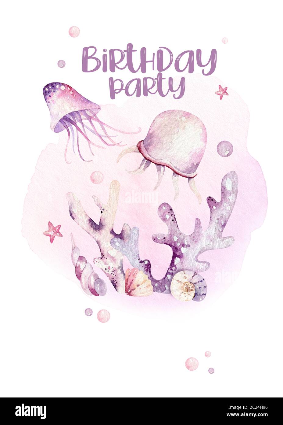 sea animals aquarium baby happy birthday poster. Blue watercolor ocean ...