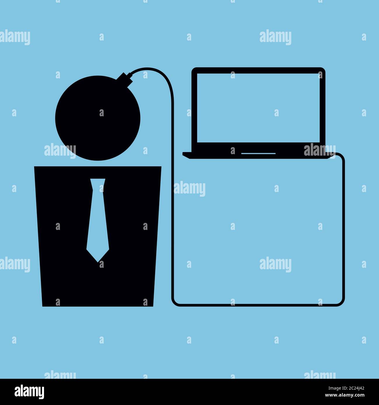 Vector simplified illustration. Icon of a man connected to laptop with ...