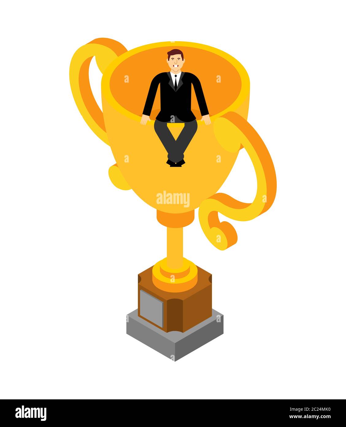 Man sitting on golden cup. Top manager took first place. Businessman ...