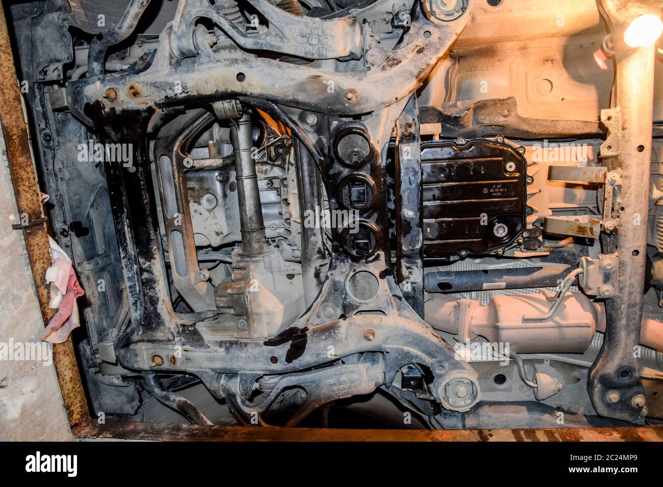 View of the car from below. Autoservice center. Car maintenance Stock ...