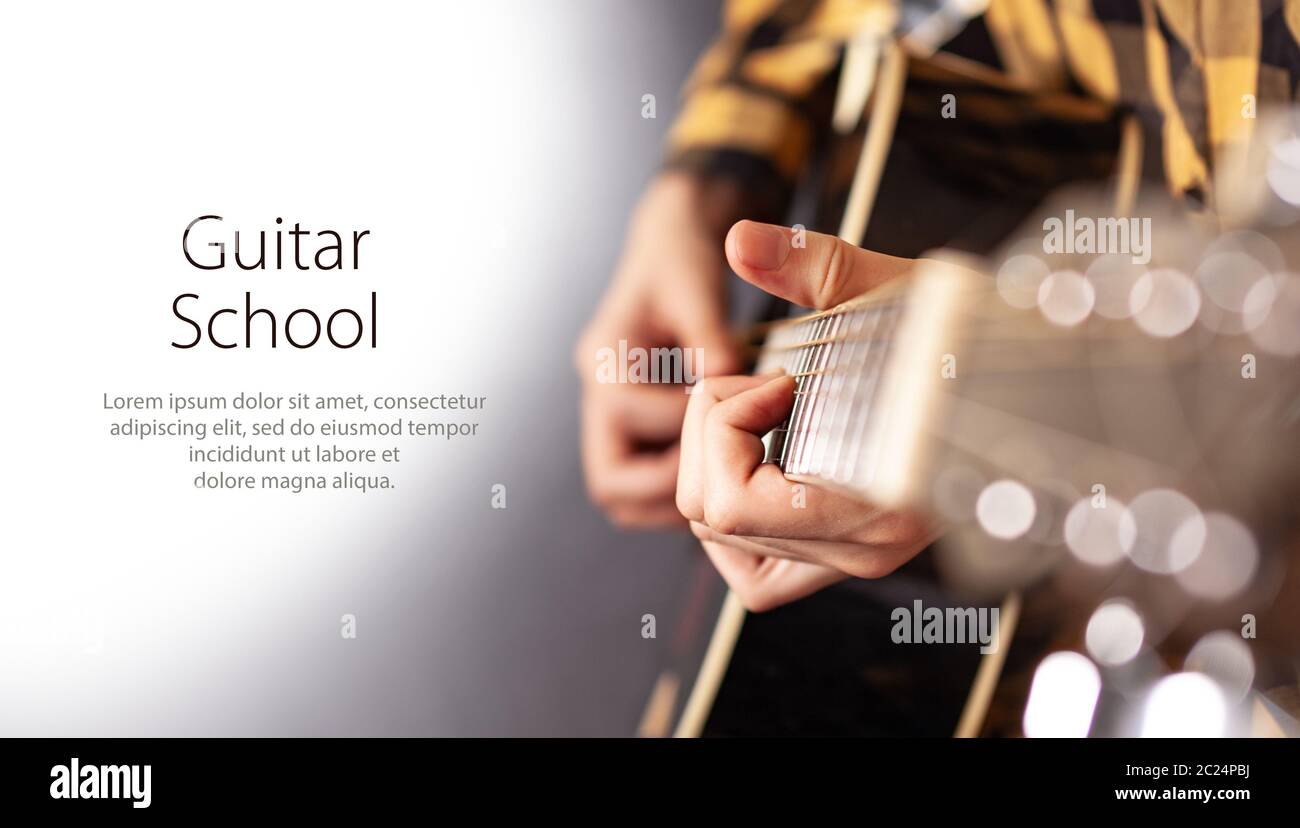 Guitar player with acoustic guitar. Template design with sample text ...