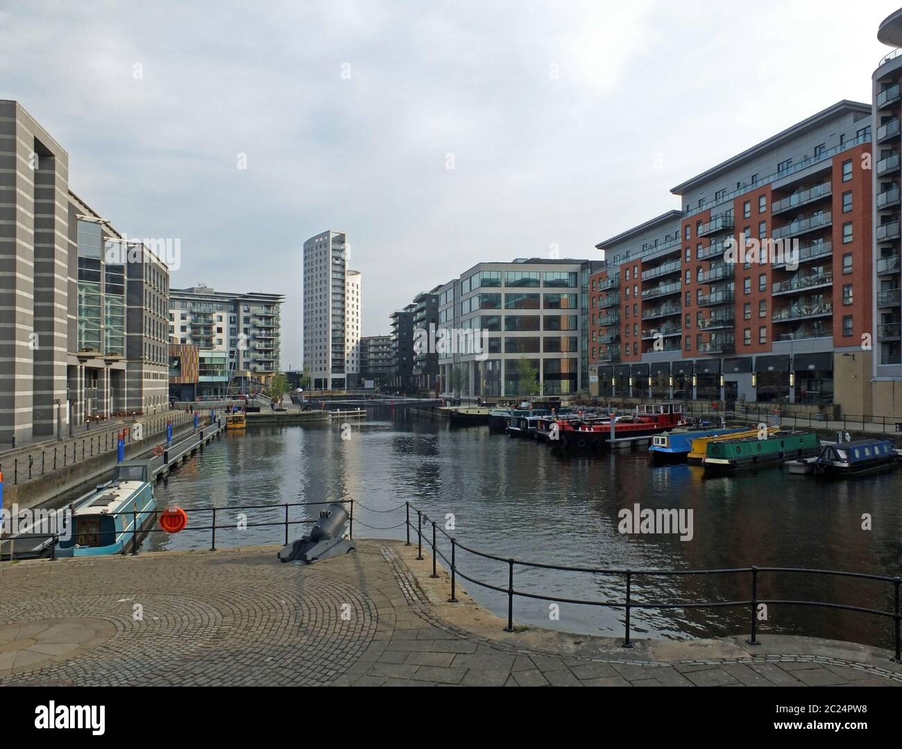 view along the clarence dock development in leeds with waterfront ...
