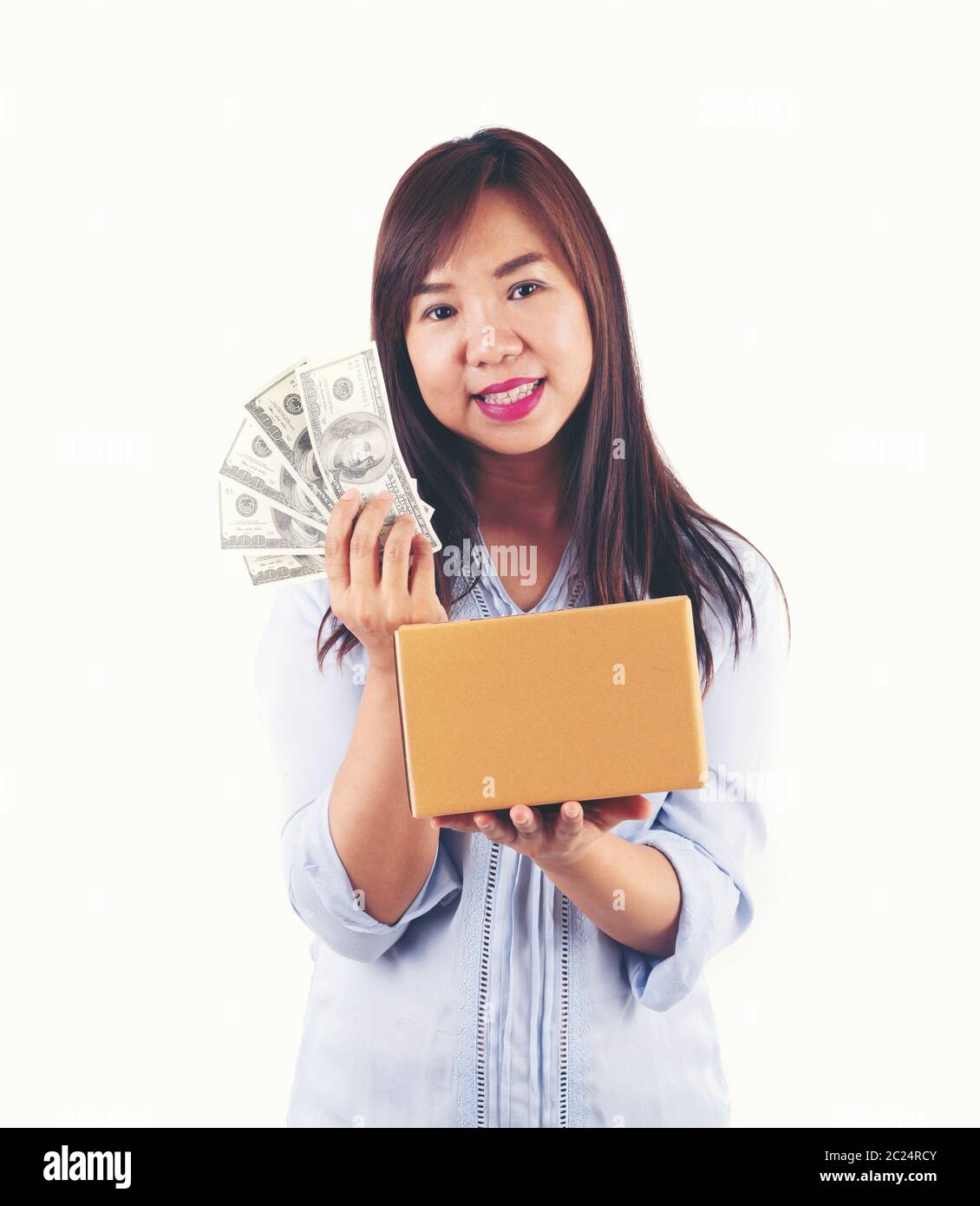 asian woman taking a lot of money and parcel box Stock Photo - Alamy