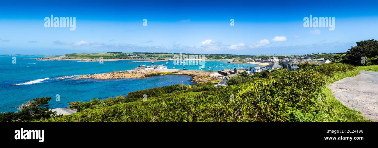 Panoramic view of Hugh Town, the capital of the Scilly Isles Stock ...