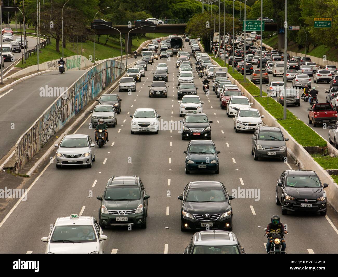 SAO PAULO, BRAZIL - OCT 04, 2018 - Car Traffic on 23 de Maio and Pedro ...