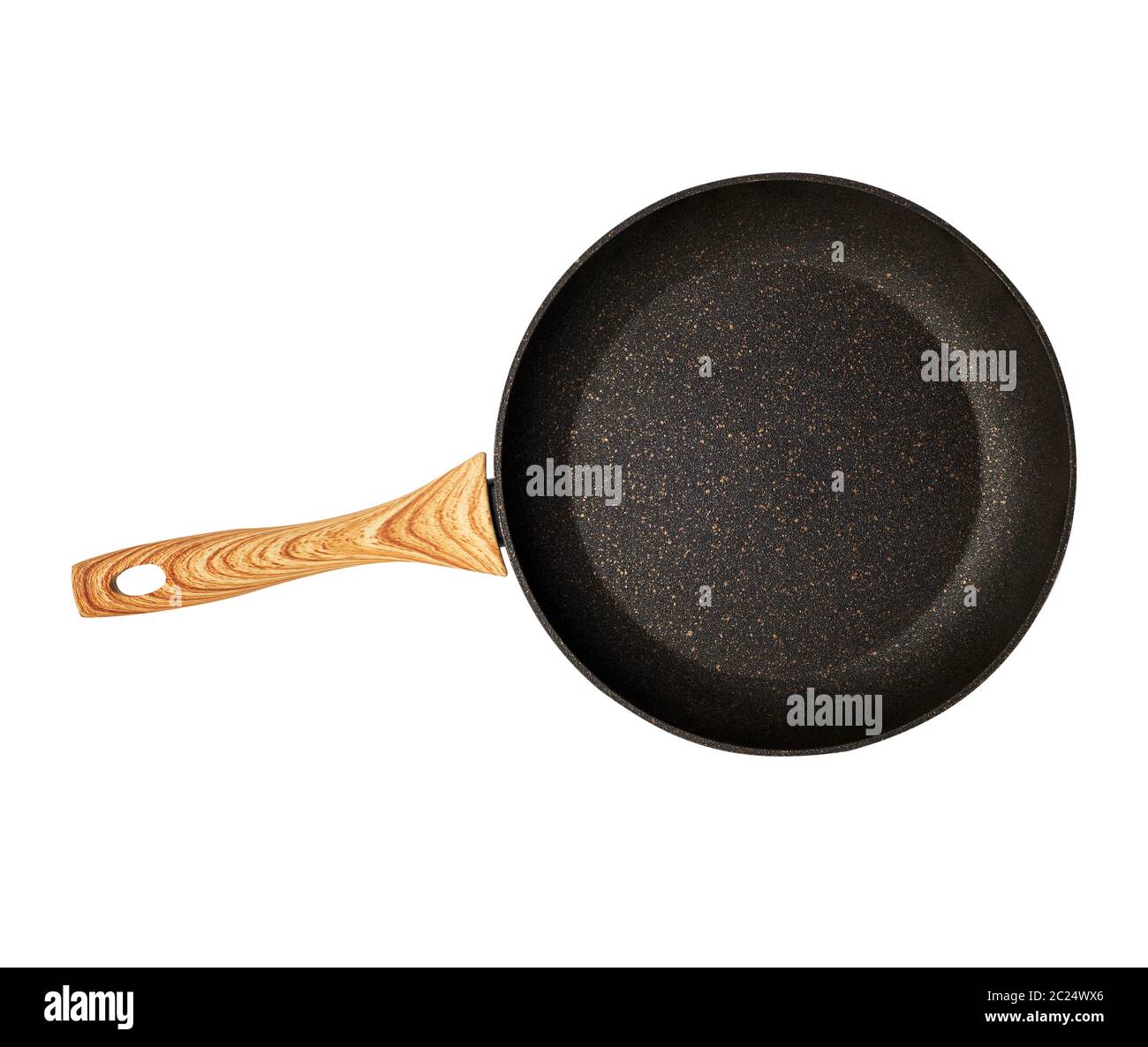 new empty frying pan with a brown handle isolated on a white background ...