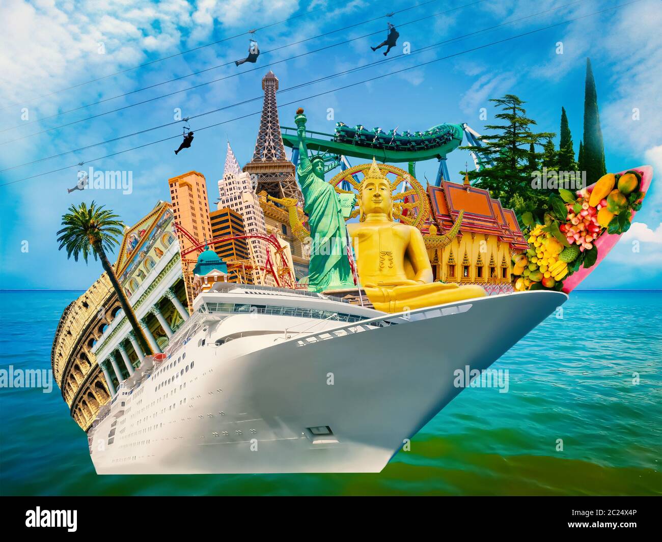 Tourist collage, travel, attractions of the world against the blue sky ...