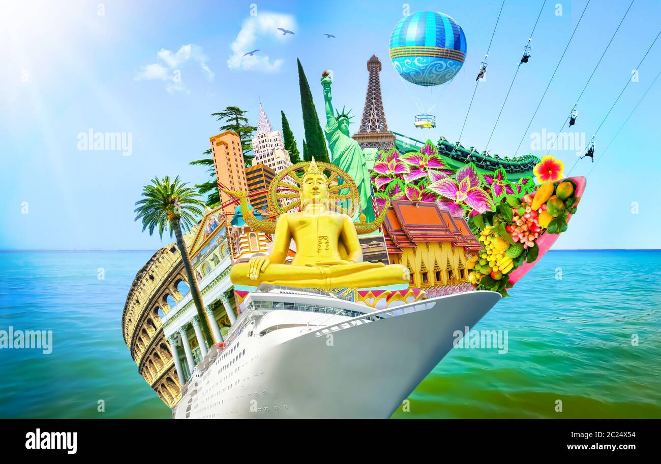 Tourist collage, travel, attractions of the world against the blue sky ...