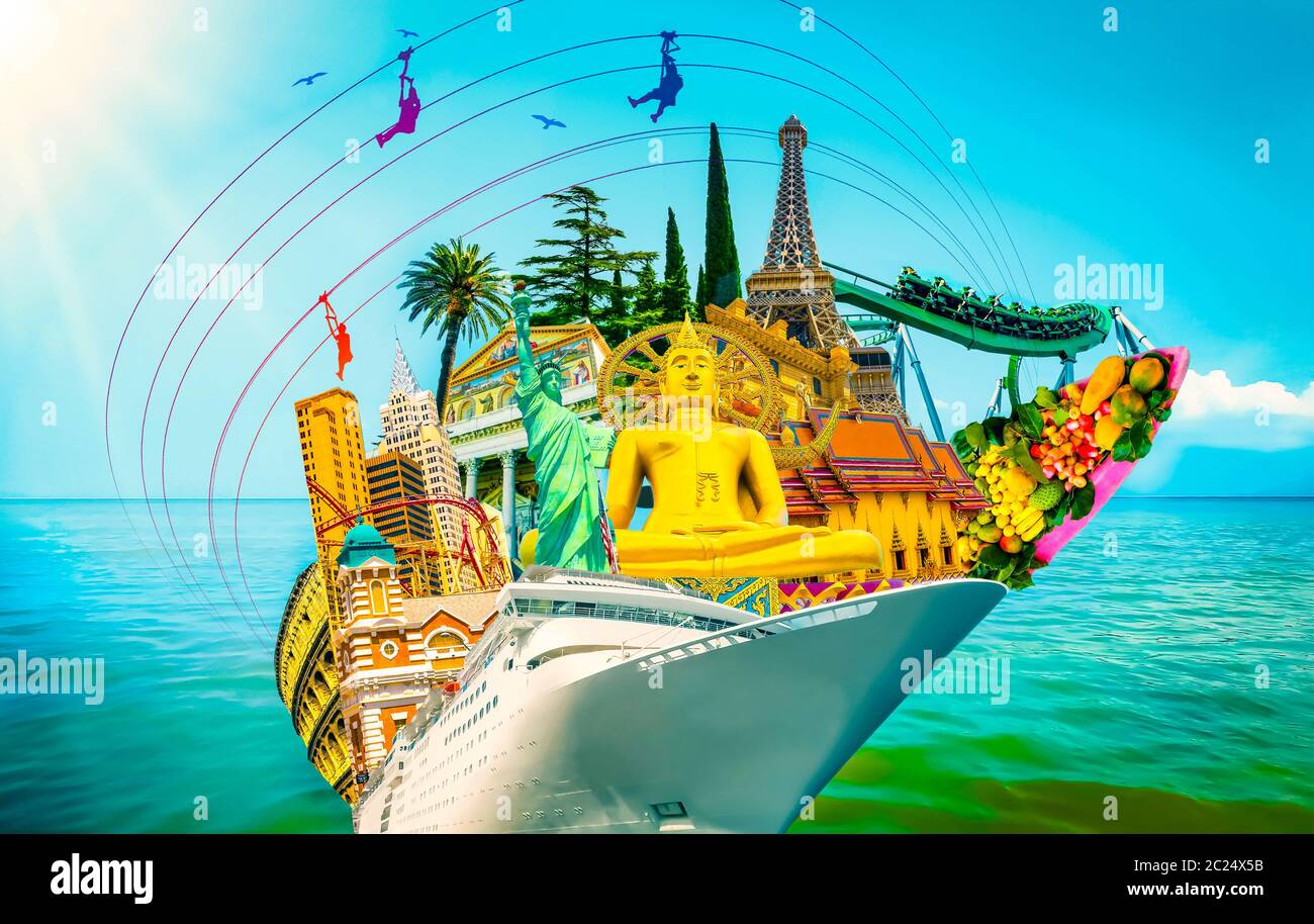 Tourist collage, travel, attractions of the world against the blue sky ...