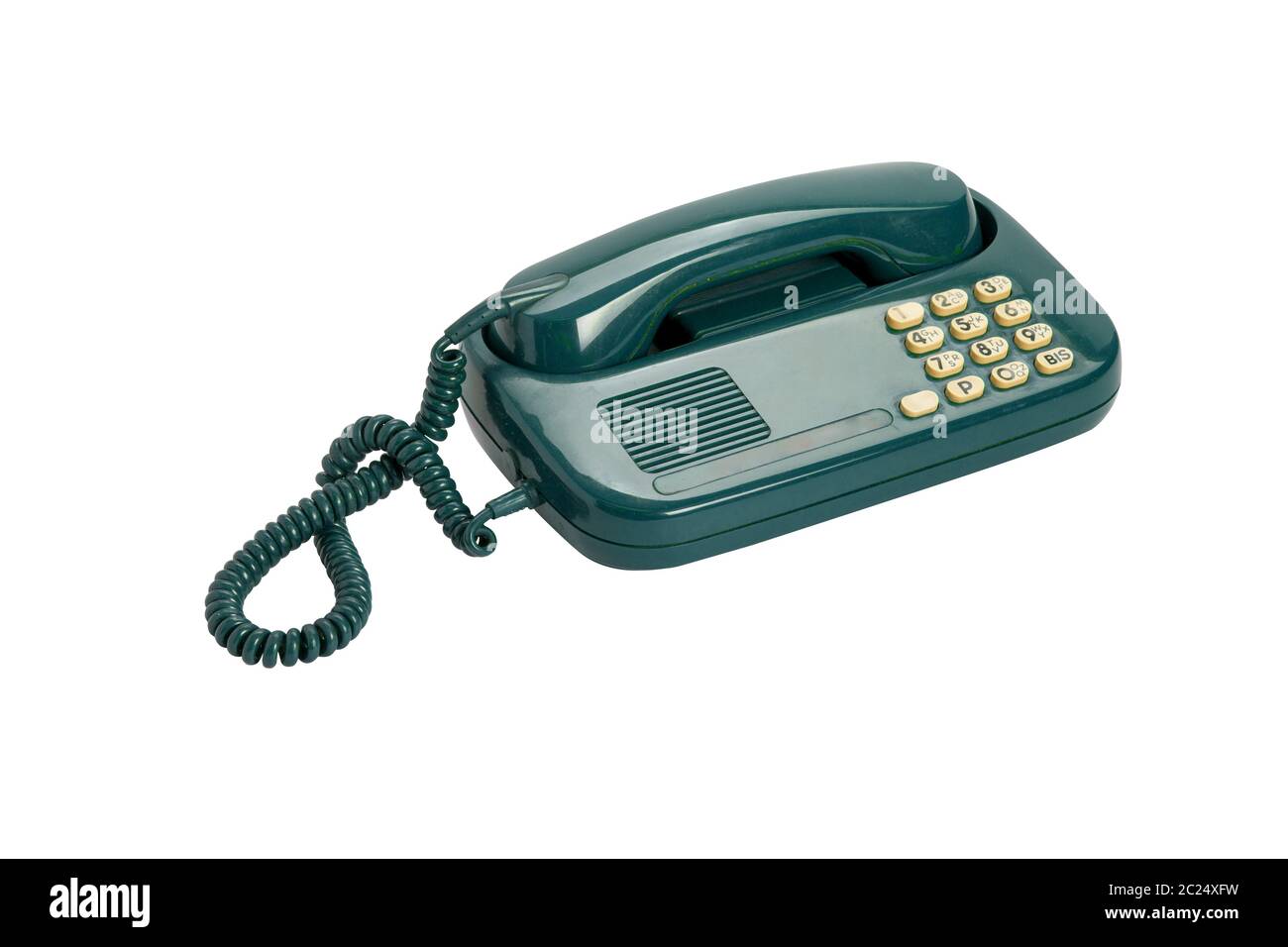 Old fixed phone with cut-out key on white background Stock Photo - Alamy