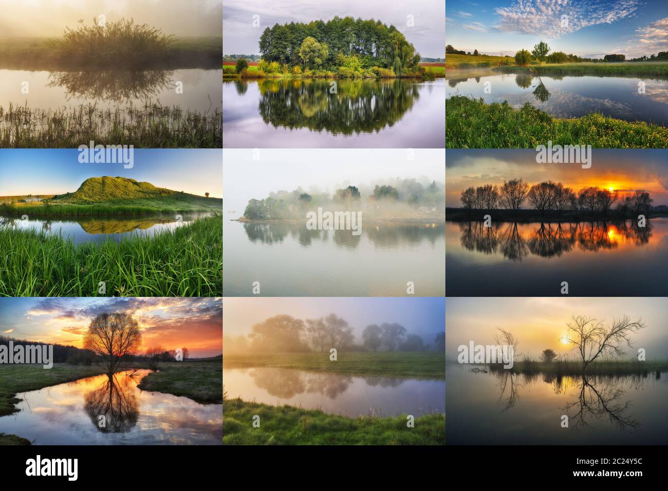 A collection of photos of rivers with a reflection of the coast. Set ...