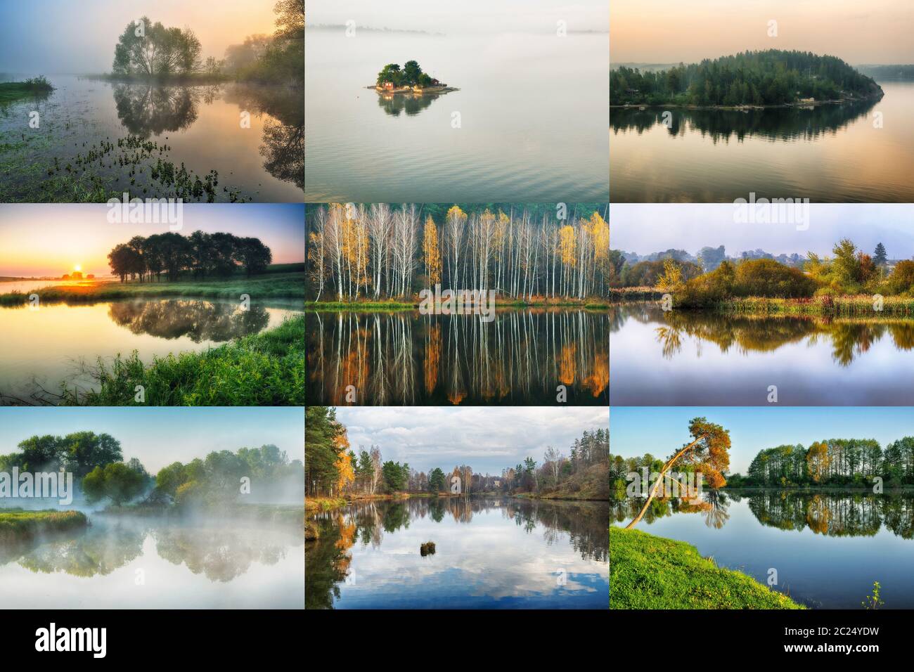 A collection of photos of rivers with a reflection of the coast. Set ...