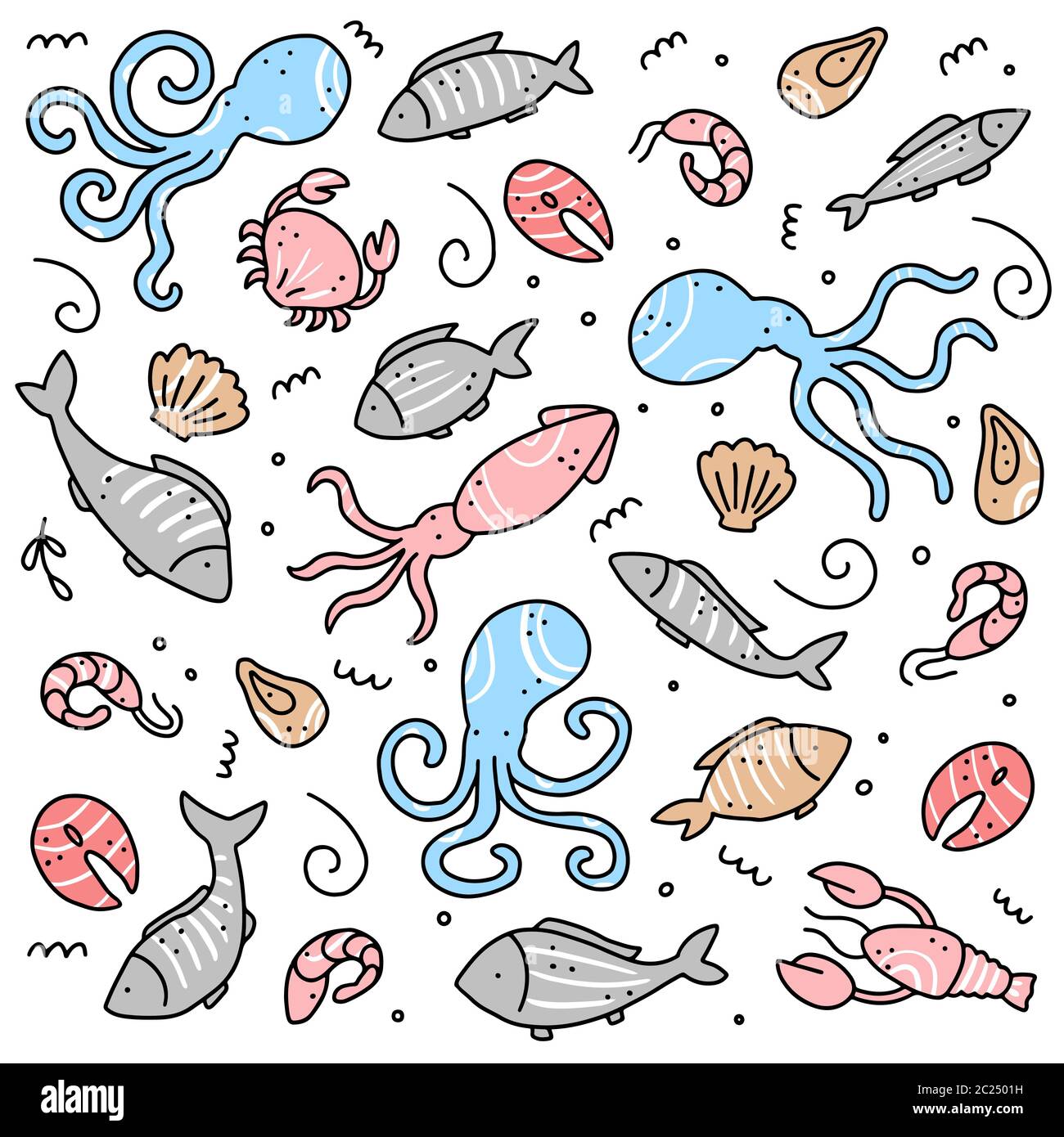 Hand drawn set of seafood elements, fish, lobster, oyster, octopus ...