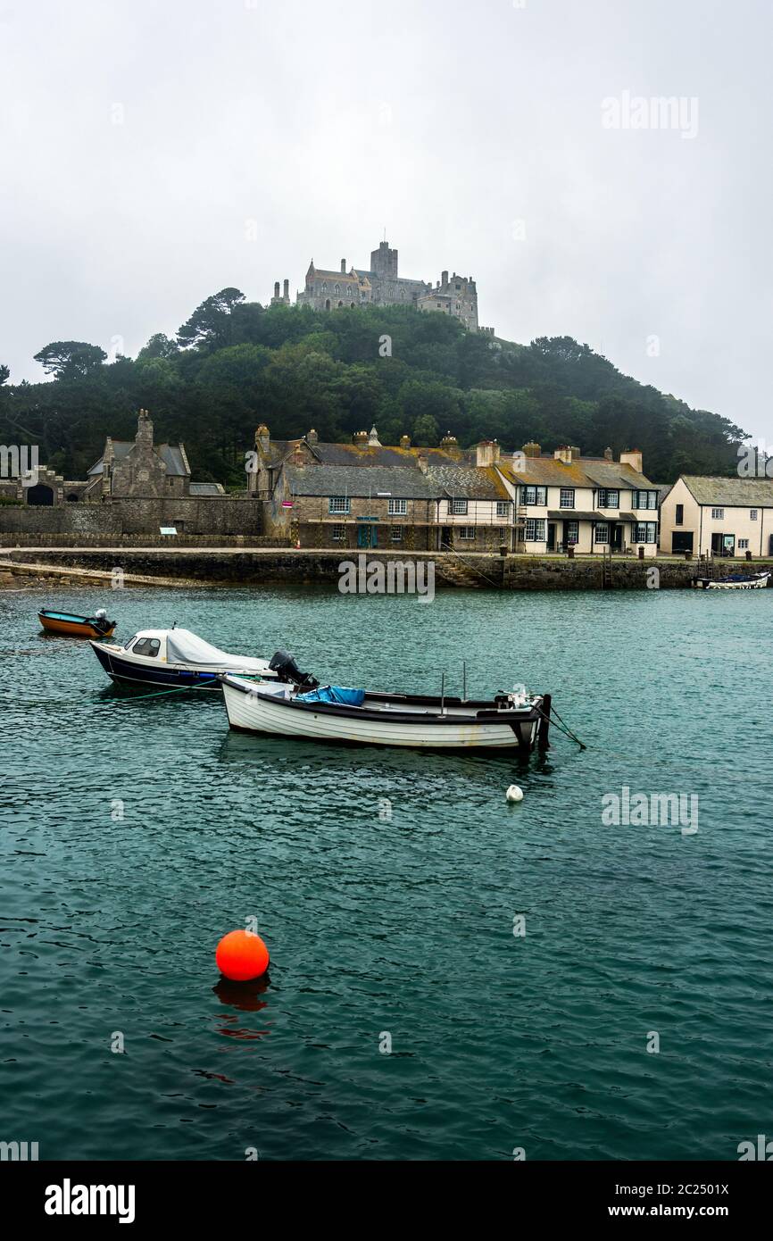 The castle and harbor at St. Michaels Mount near Marazion, Cornwall, UK ...
