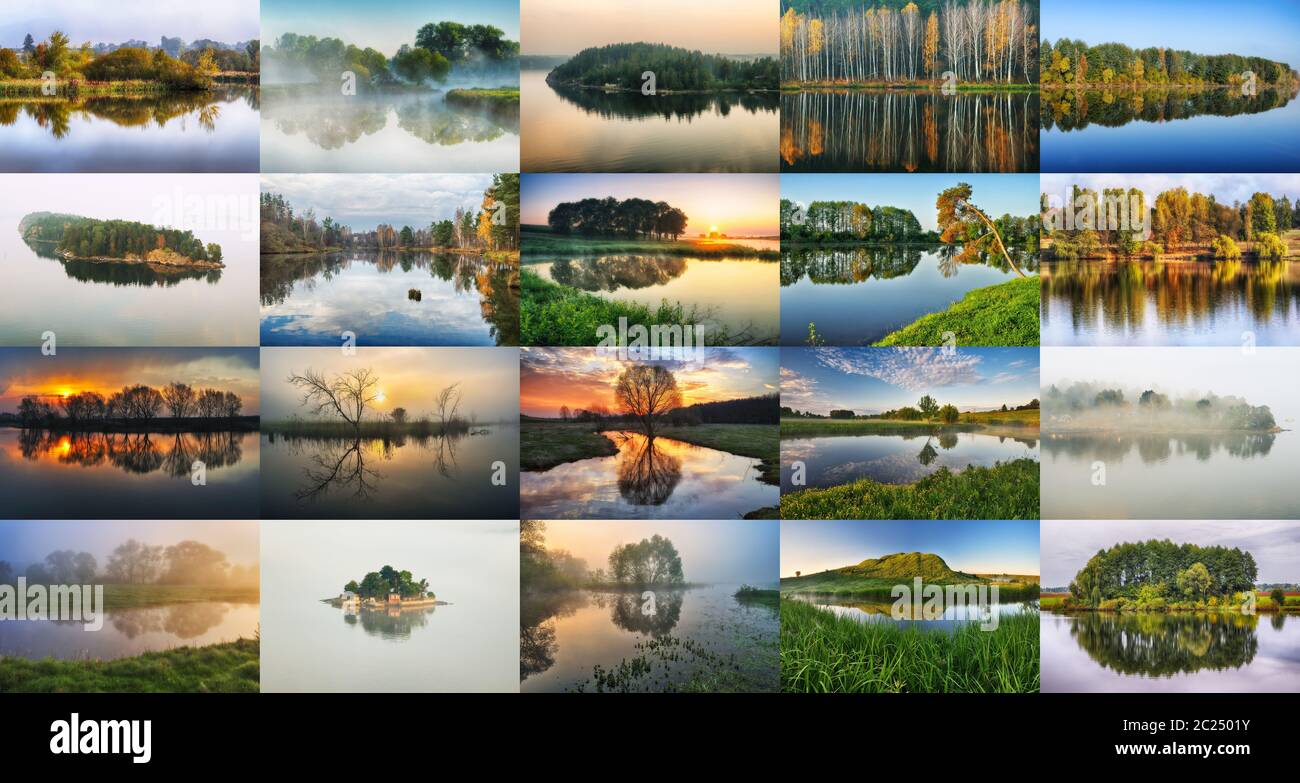 A collection of photos of rivers with a reflection of the coast. Set ...