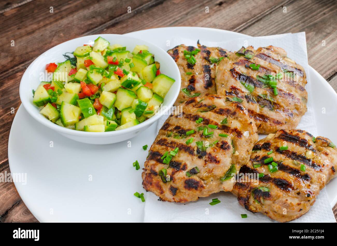 Ground turkey fillet with spring onion, garlic on grill and spicy ...