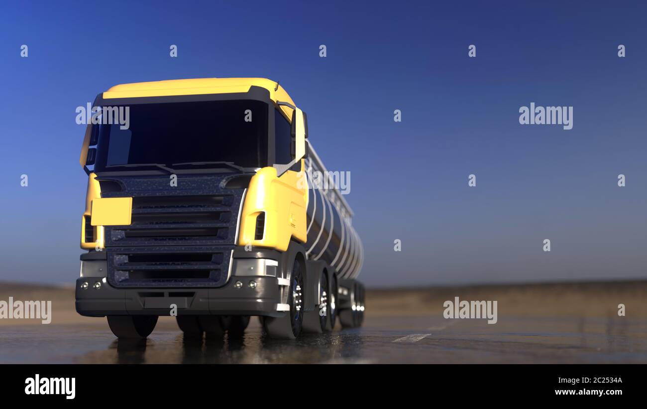 Yellow Fuel Tanker Truck on highway. Gasoline tanker. 3d rendering ...
