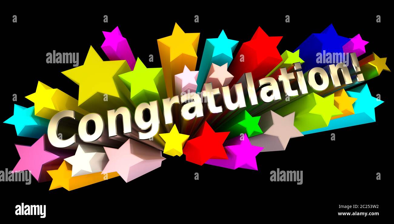 Congratulation with colorful stars on a black background, 3d rendering ...