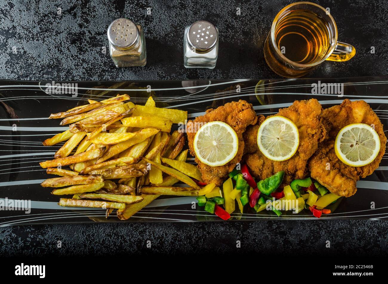 Schnitzel with french fries, homemade, platter, czech beer, vegetable ...