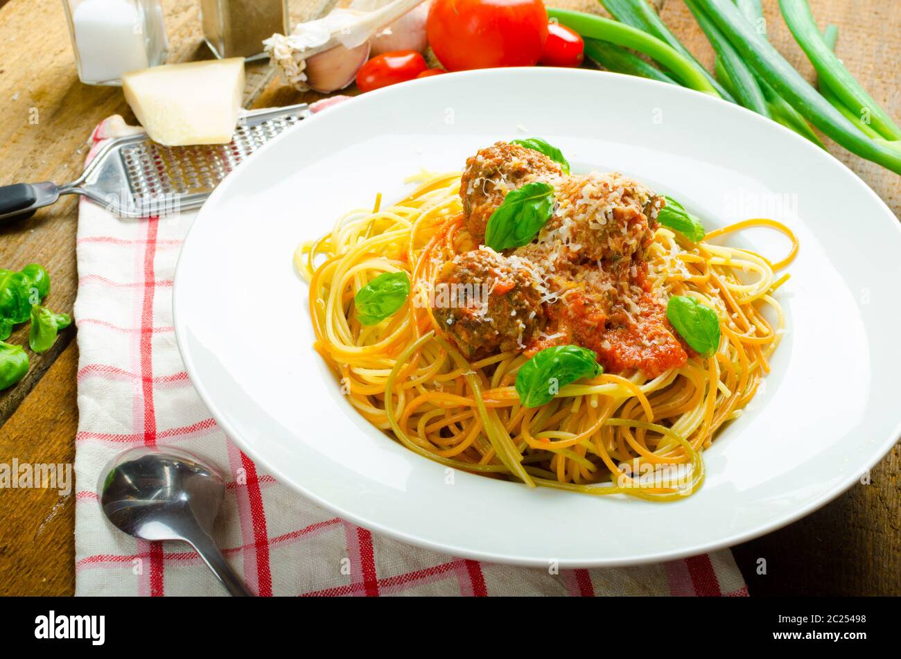 New York meatballs pasta, tomato sauce, all bio food from garden Stock ...