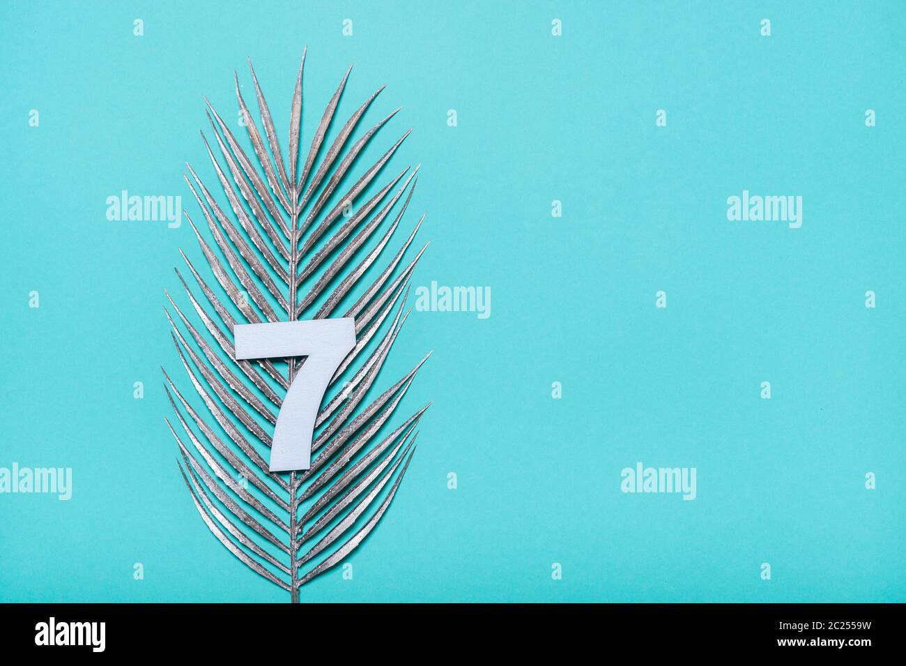Number seven shape with silver palm leaves on blue background. Summer ...