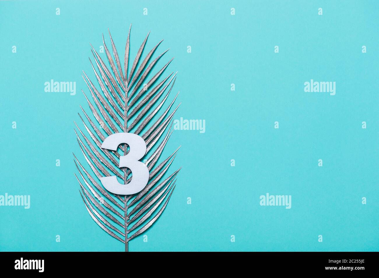 Number three shape with silver palm leaves on blue background. Summer ...