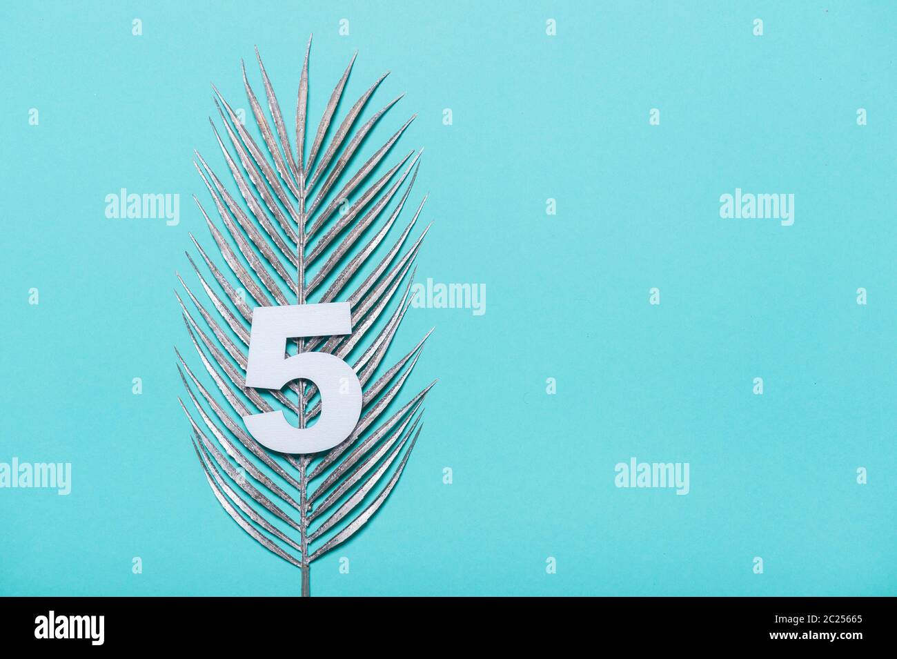 Number five shape with silver palm leaves on blue background. Summer ...