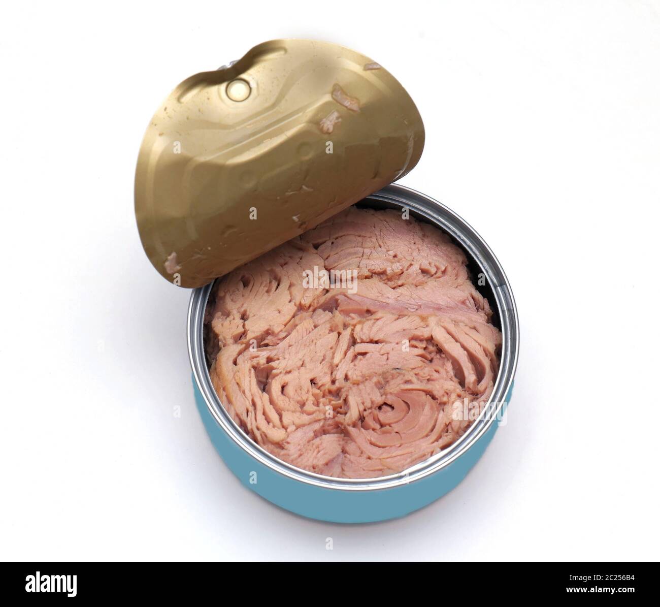 Open lid of metal can of tuna on white background Stock Photo - Alamy