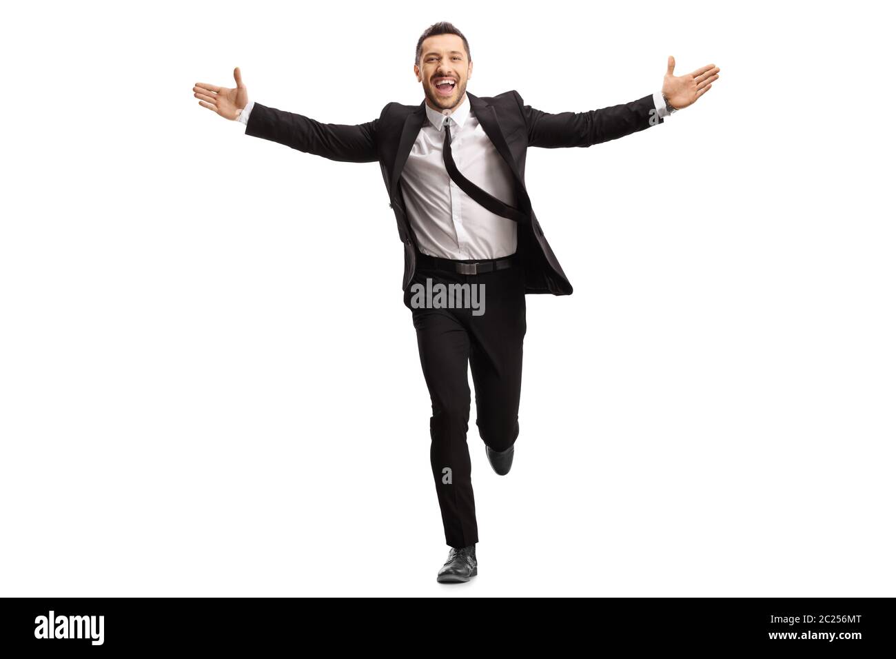 Full length portrait of a businessman running and spreading arms ...