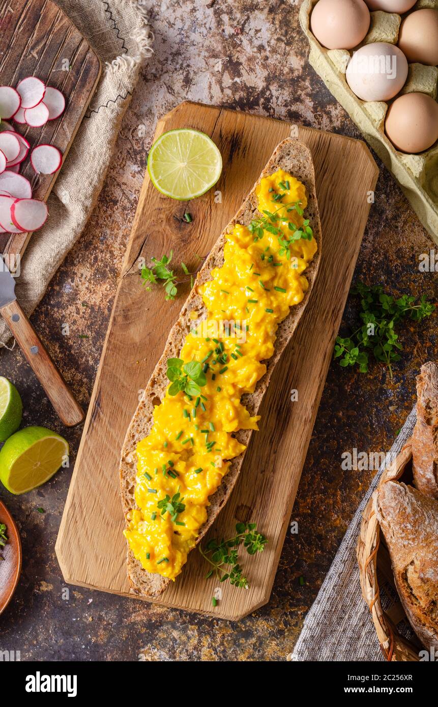 Bio scrambled eggs on rustic french baguette with fresh herbs and ...