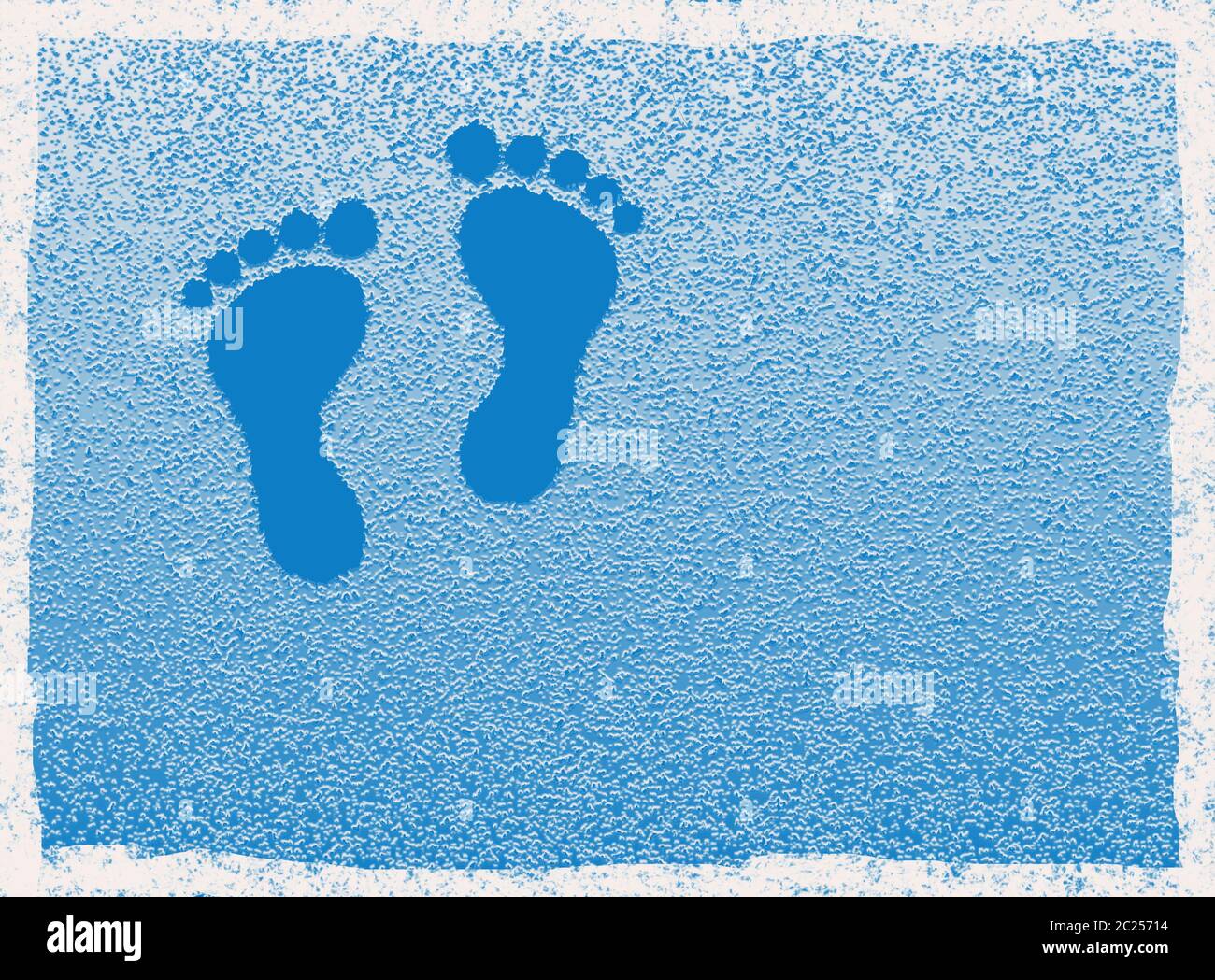 Wet bare footprints, background graphic with ragged sandy border, blank ...