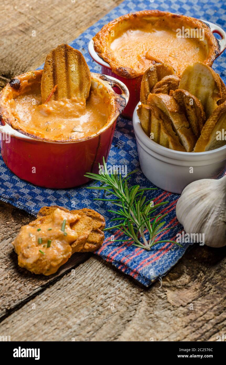 Tomato and cheese dip baked with crispy garlic panini toast with herbs ...