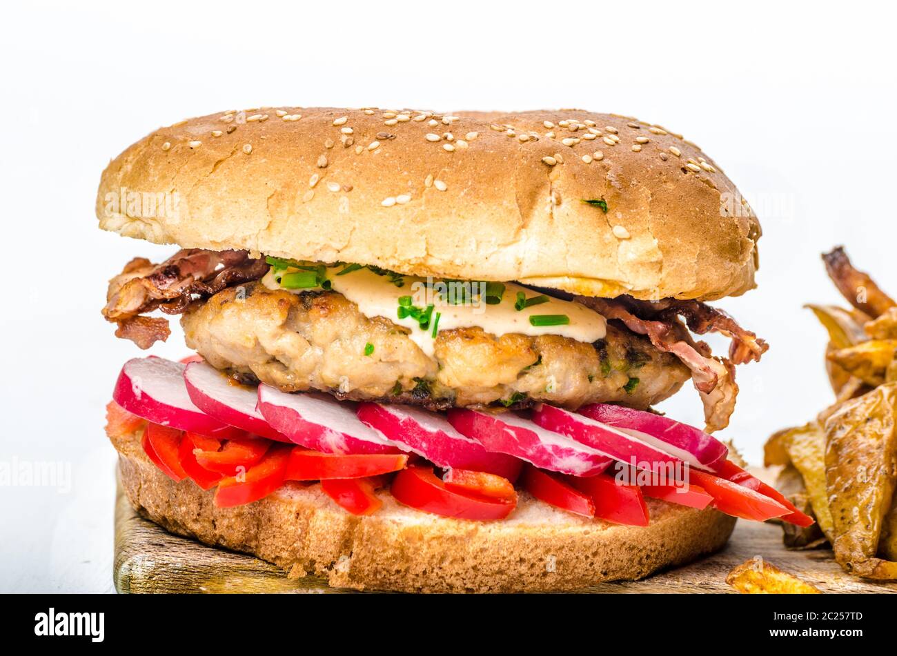 Chicken burger - minced chicken, bacon, paprika, radish and herb ...