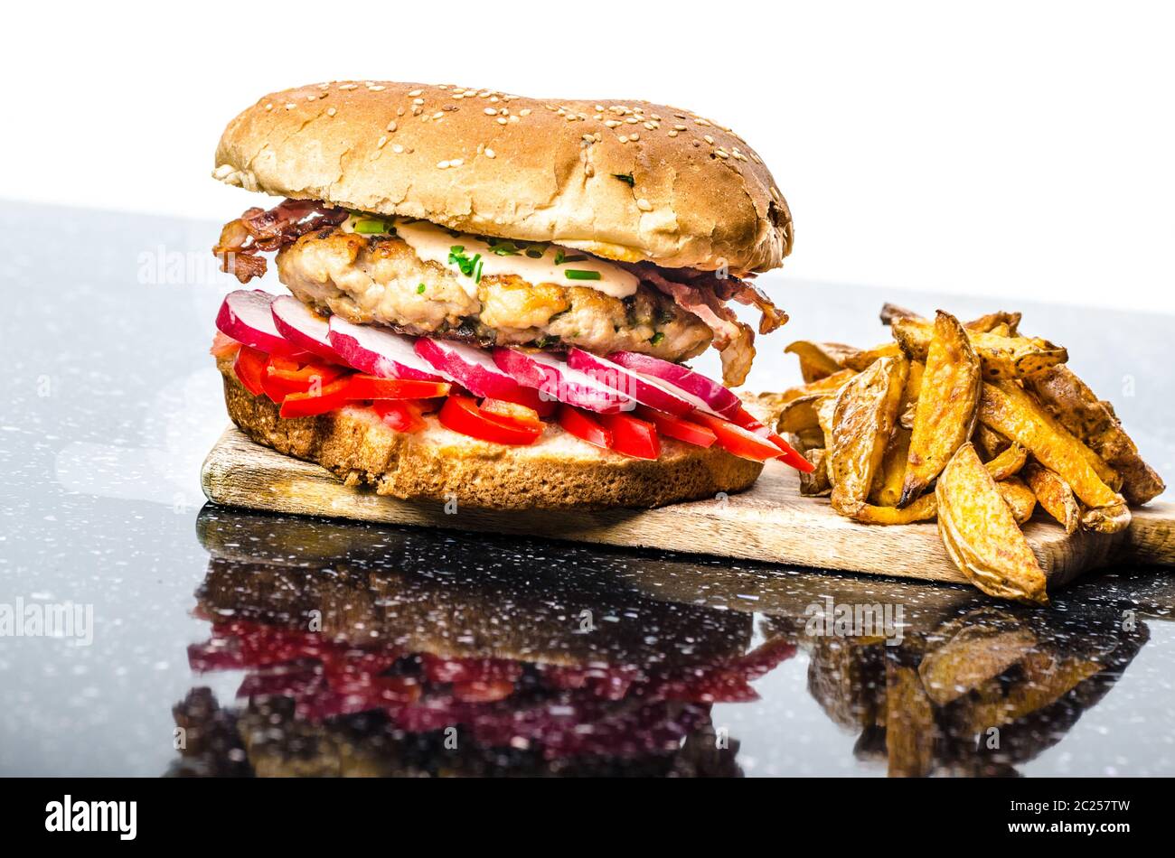 Chicken burger - minced chicken, bacon, paprika, radish and herb ...