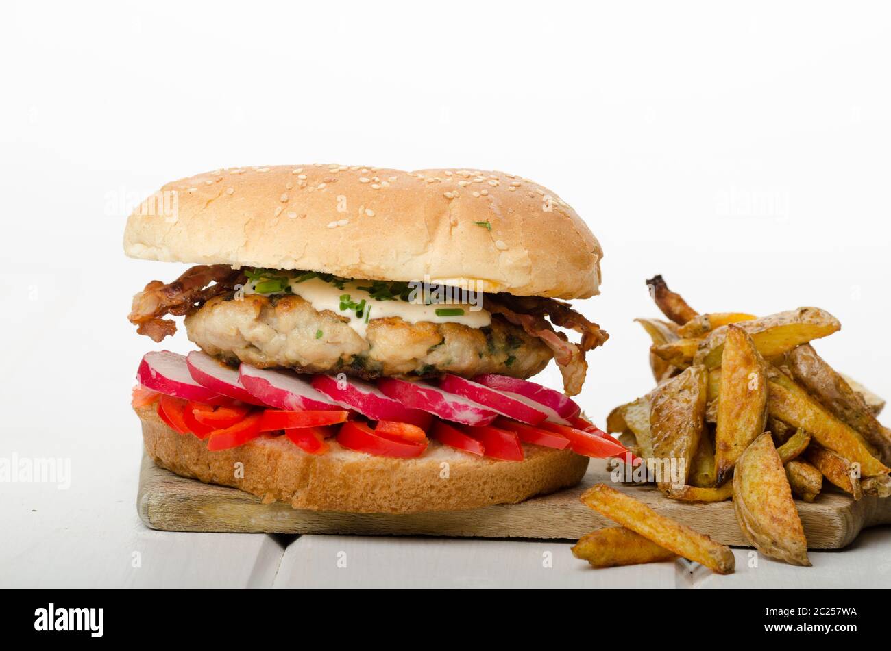 Chicken burger - minced chicken, bacon, paprika, radish and herb ...