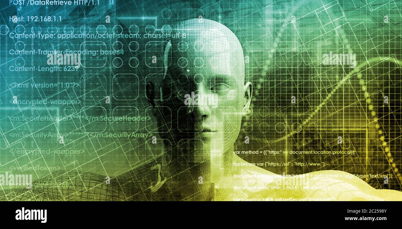 Technology Bcakground with Humanoid Face and Coding Wallpaper Stock ...