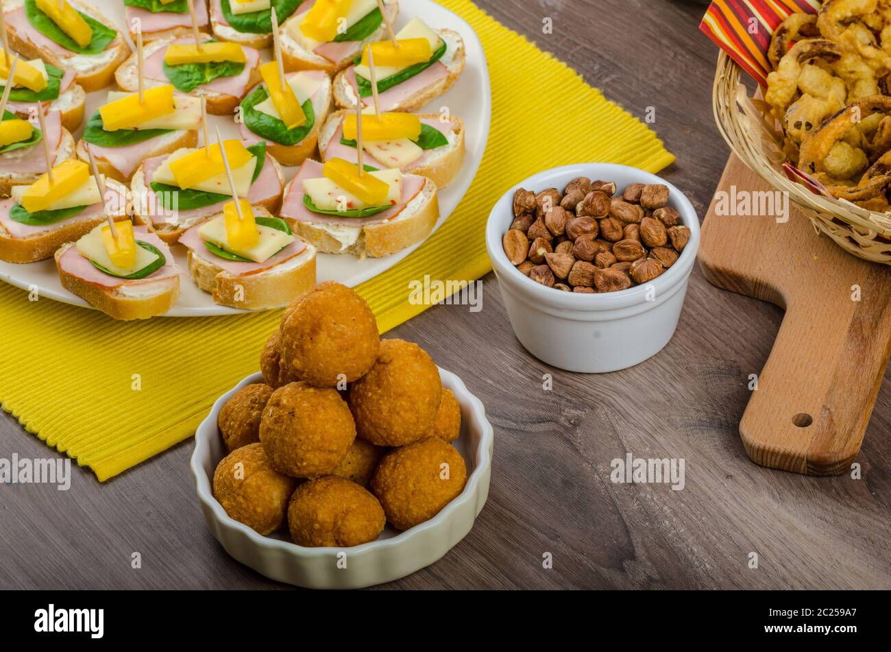New Year's Eve meal - canapes with ham, cheese and spinach leaves ...