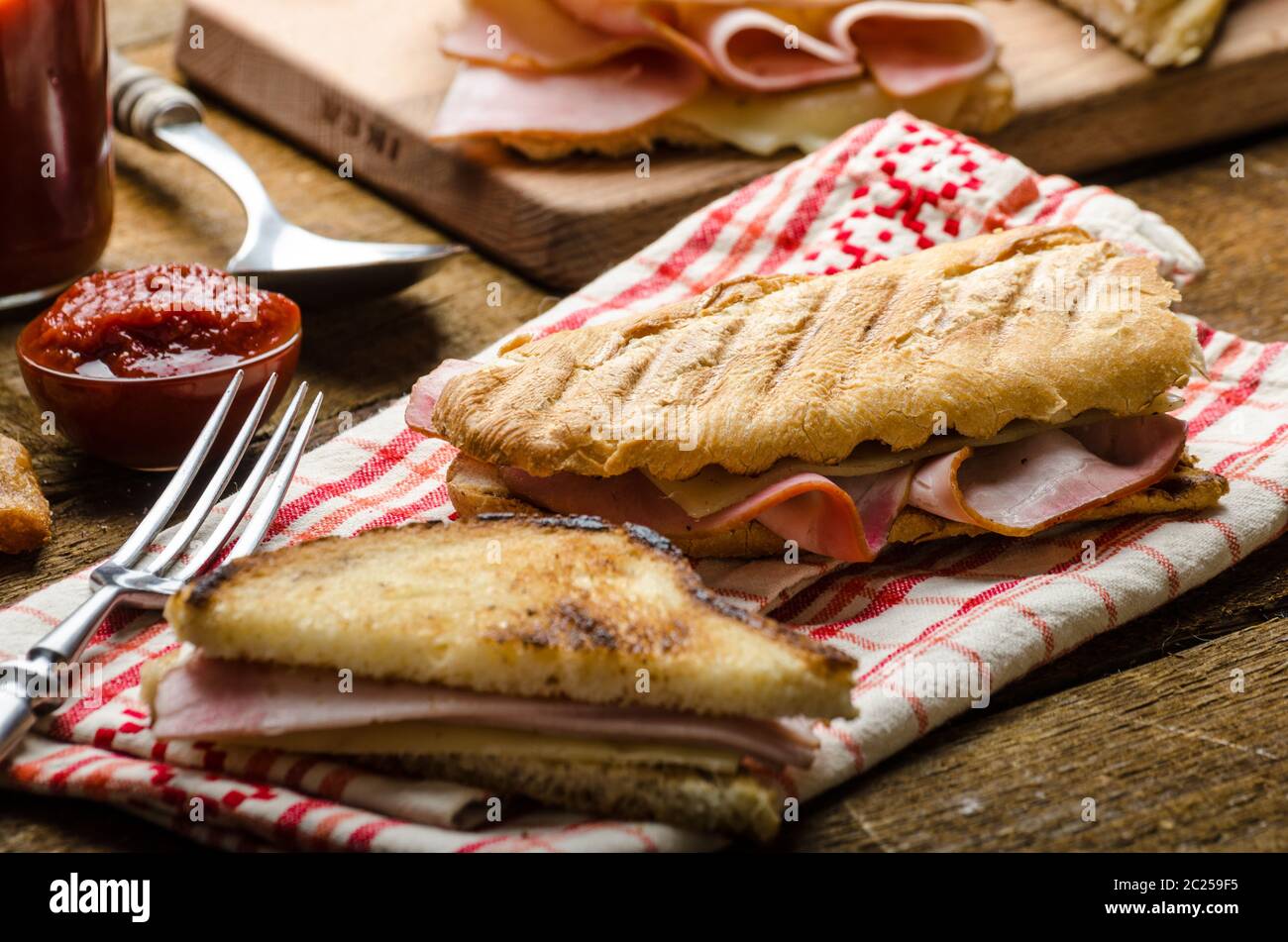 Quick dinner, toast with ham and cheese - panini, english toast, french ...